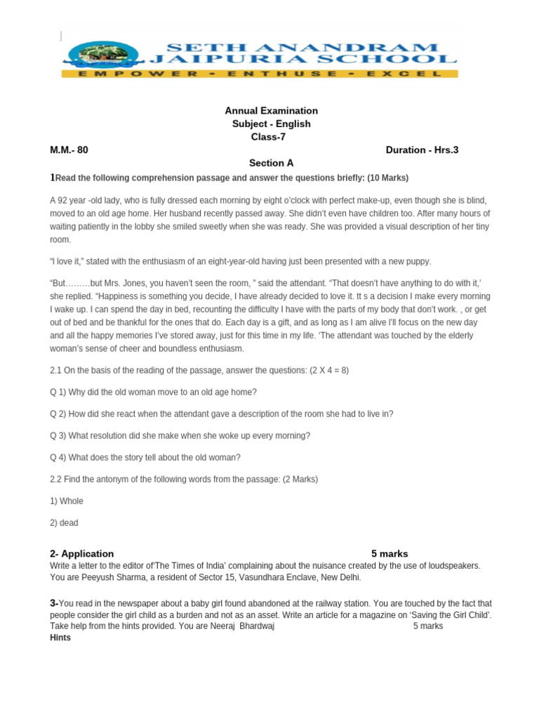 Class- 7 English Question Paper -1 | PDF | Poetry