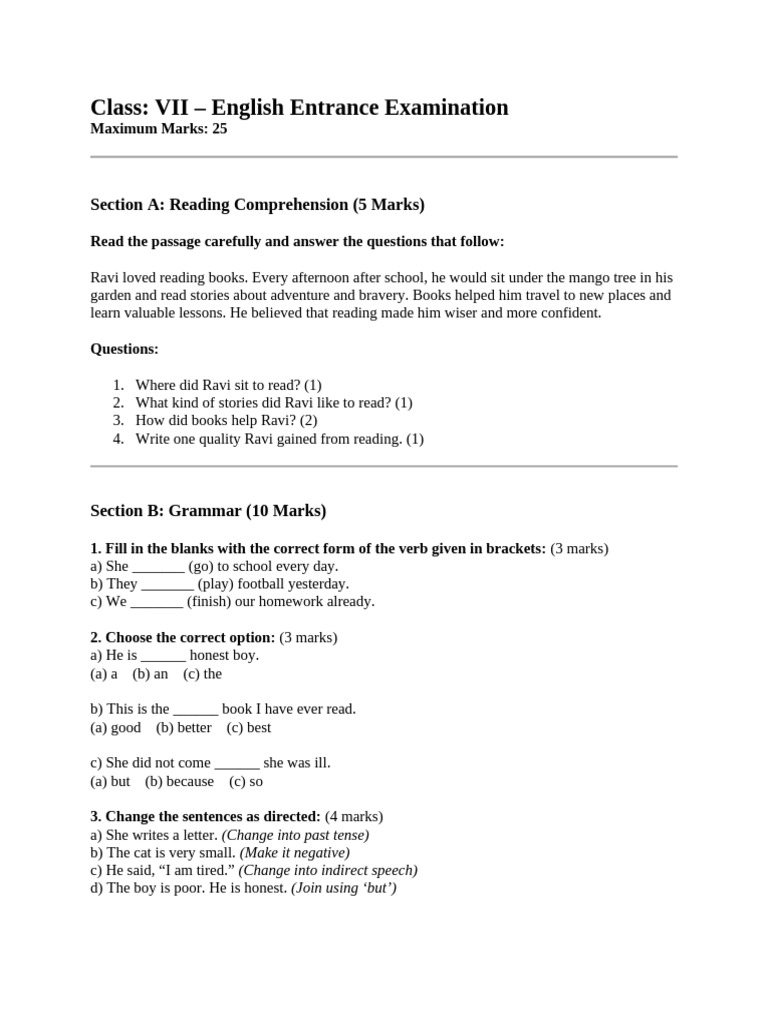 Class VII English Entrance Exam Guide | PDF