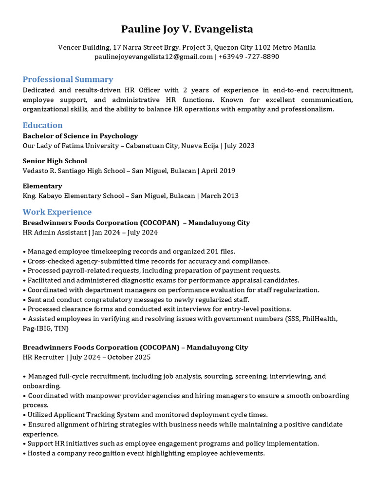 Pauline Joy v. Evangelista Resume | PDF | Recruitment | Performance Appraisal