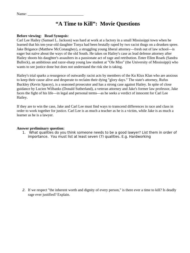 A Time to Kill: Movie Discussion Questions | PDF