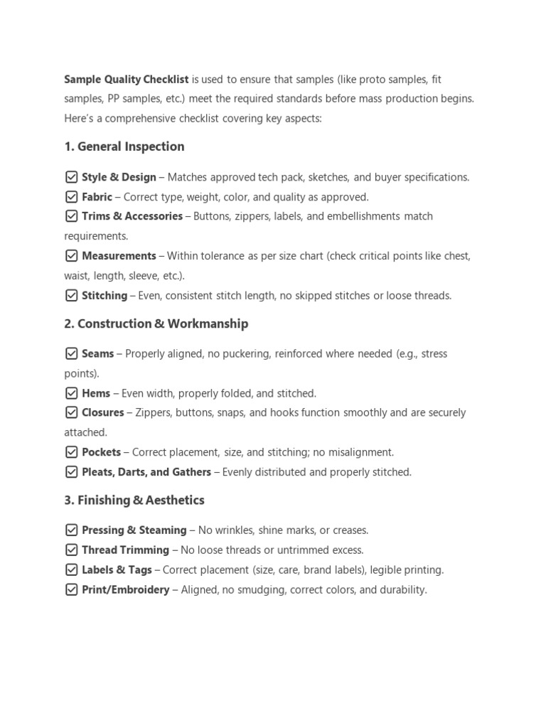 Sample Quality Checklist | PDF | Seam (Sewing) | Textiles