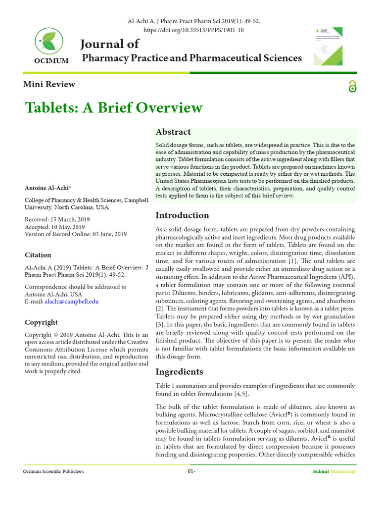 Overview of Tablet Formulations | PDF | Tablet (Pharmacy ...