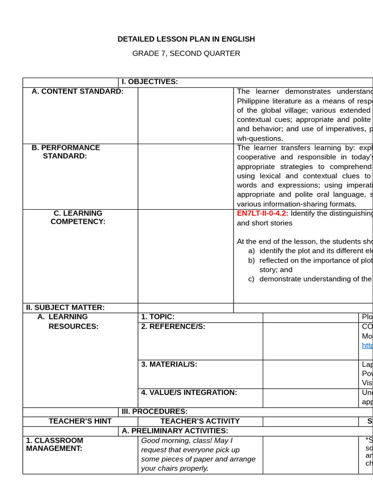 Detailed Lesson Plan in English (Corrected) | PDF | Lesson Plan | Learning