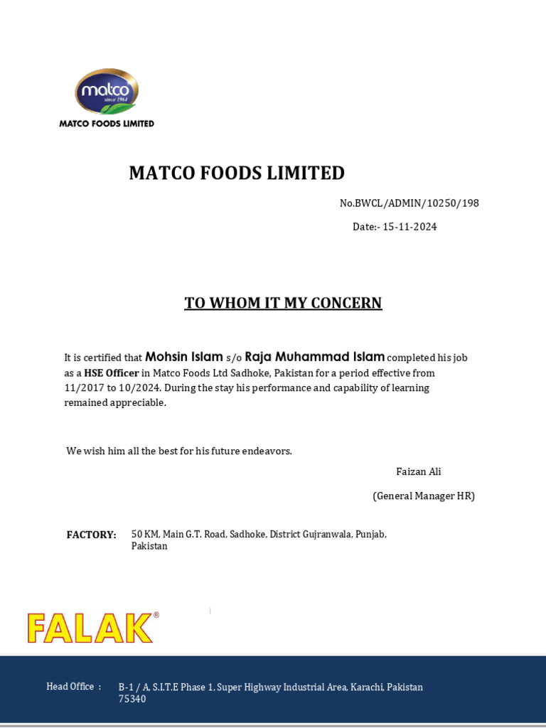HSE Officer Employment Certificate | PDF