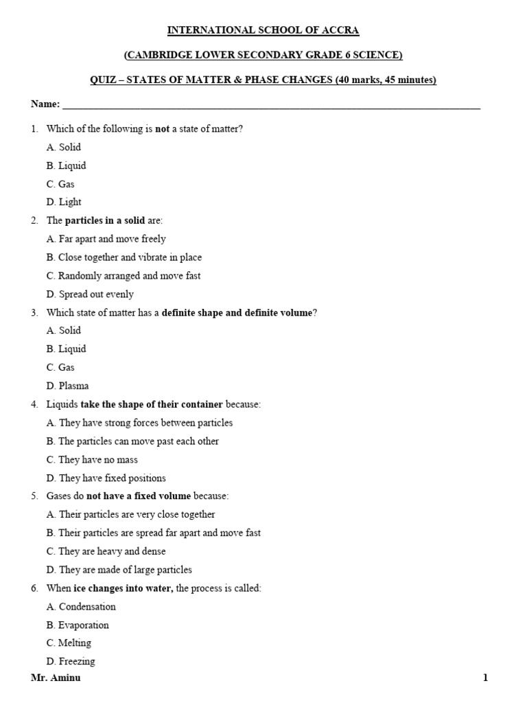 Grade 6 Science Quiz: States of Matter | PDF | Water | Liquids
