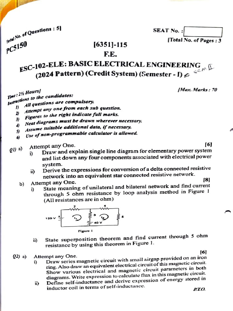 SPPU Question Paper OCT 2024 | PDF | Inductance | Transformer