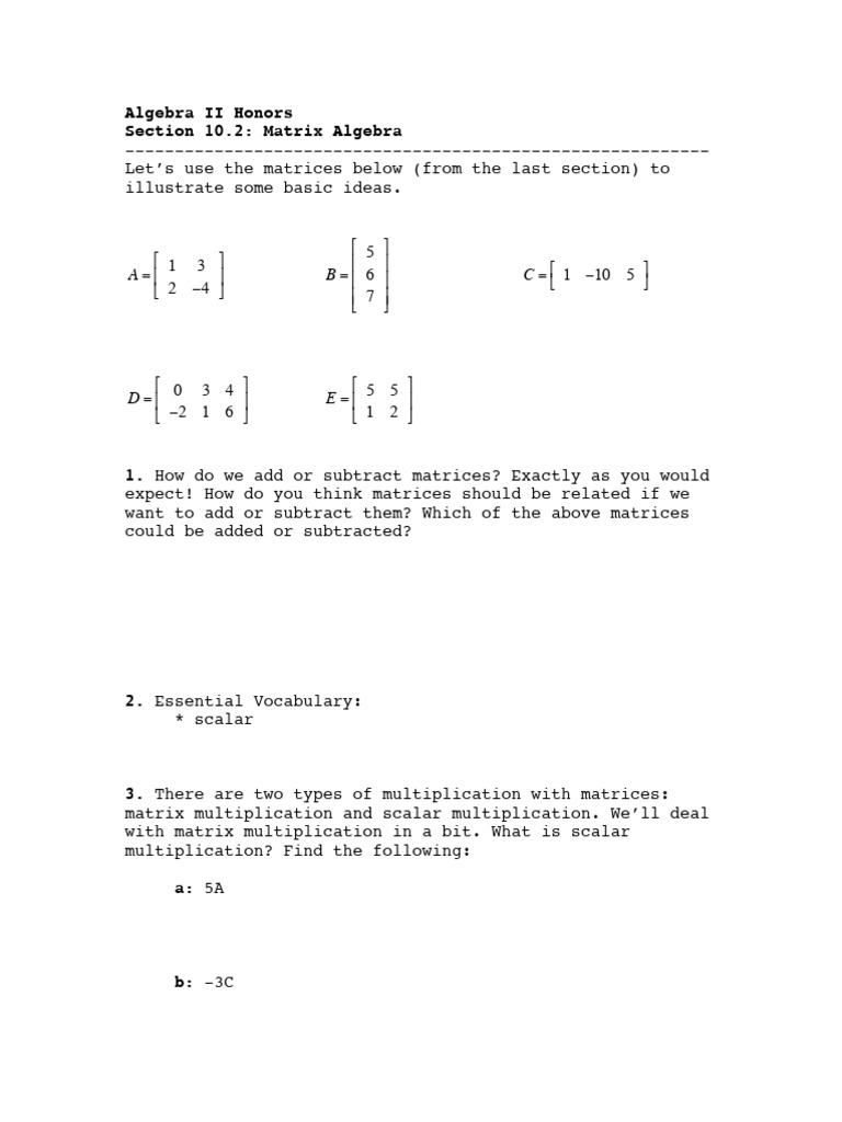 Matrix Algebra Basics in Algebra II | PDF