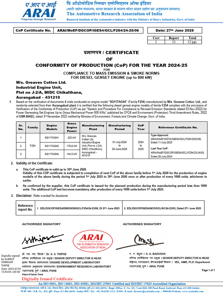 CoP Certificate for Diesel Genset 2024-25 | PDF | International ...