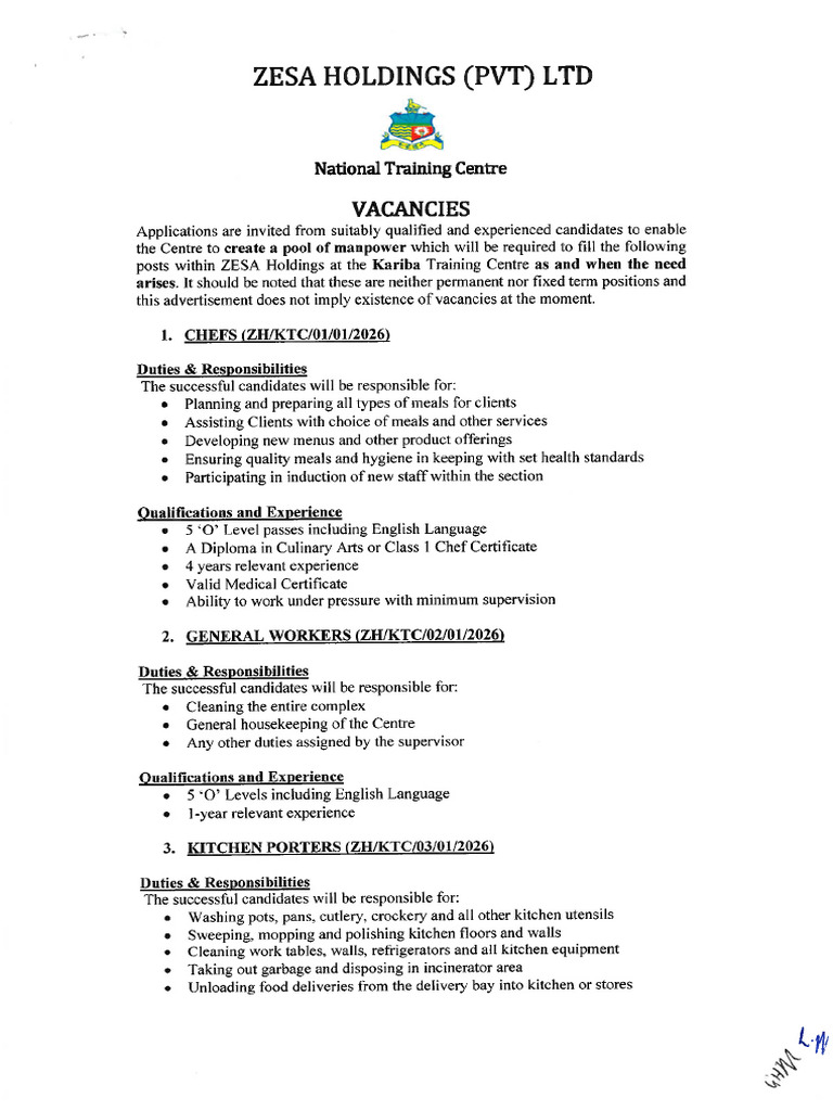 Kariba Training Centre Manpower Pool 2026 | PDF