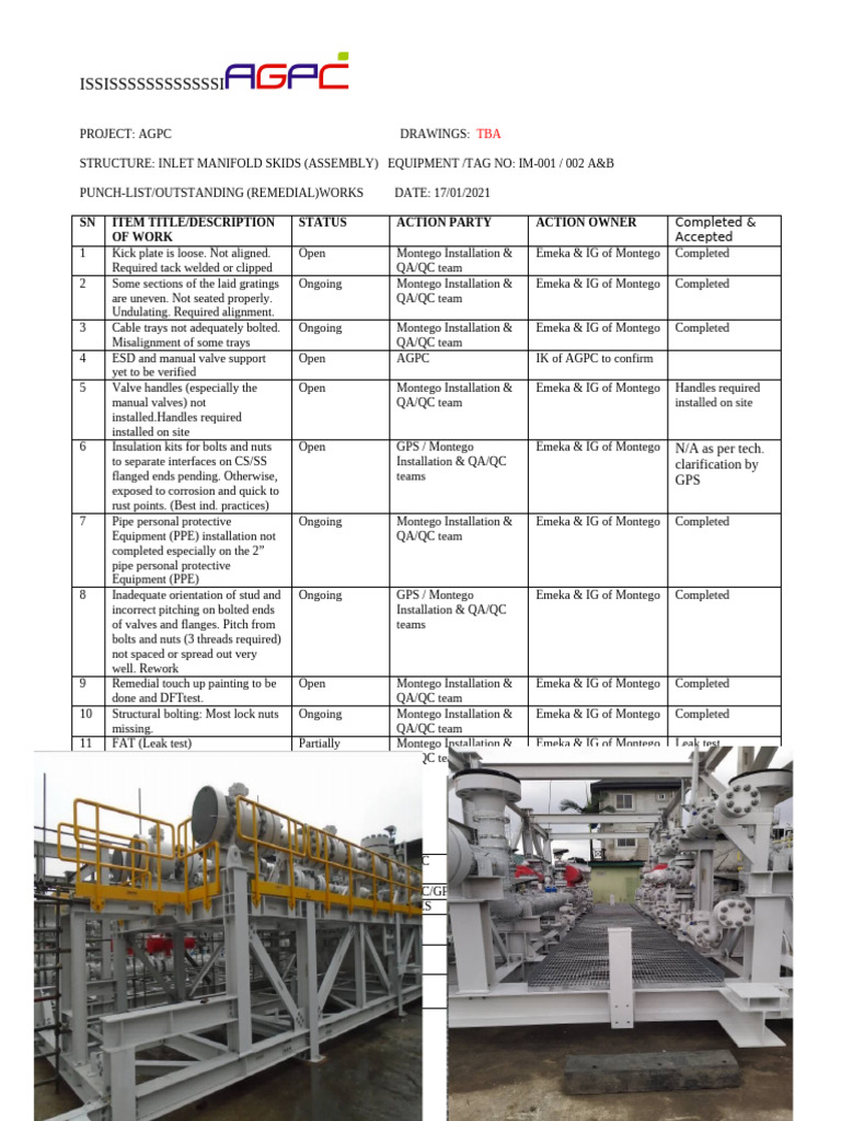 General Punch List on Manifold Skids Assembly | PDF | Equipment ...