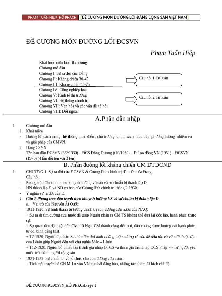Đề Cương Môn Đường Lối ĐCSVN_3!5!2016_PTH | PDF