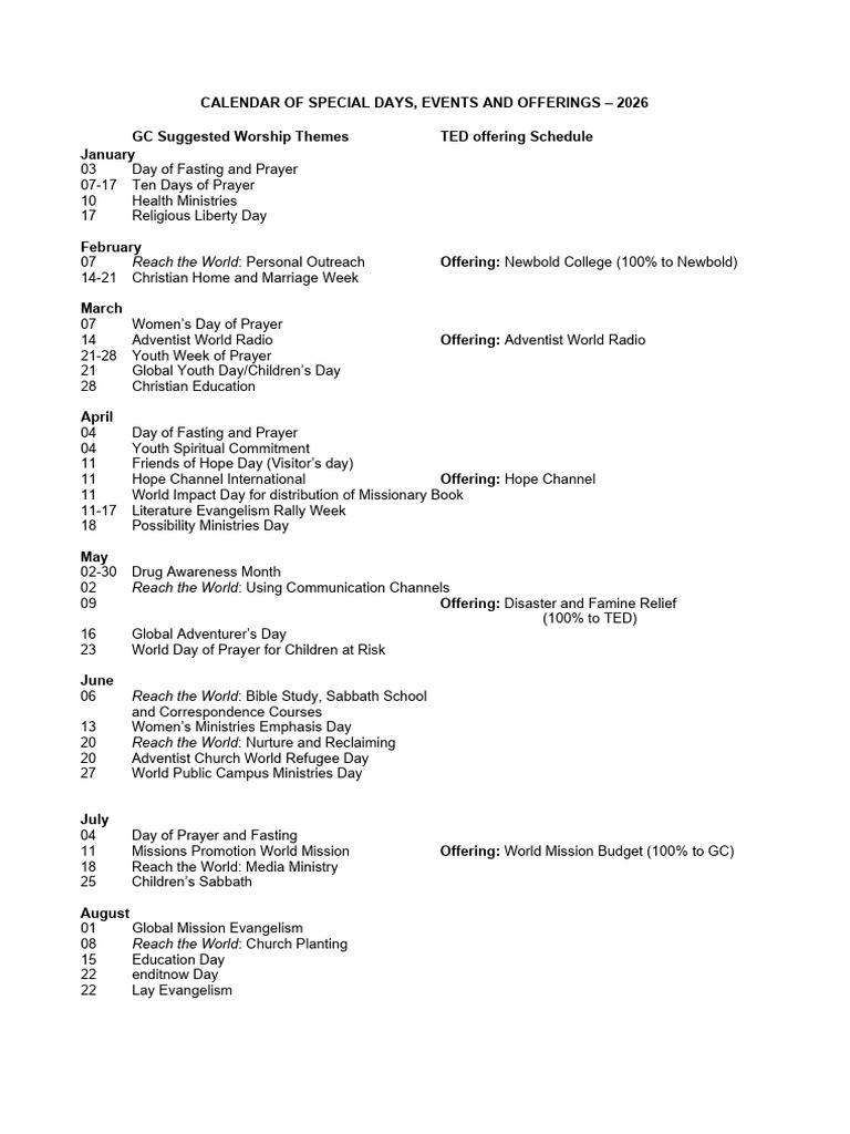 2026 Special Days and Events Calendar | PDF | Christian Mission ...