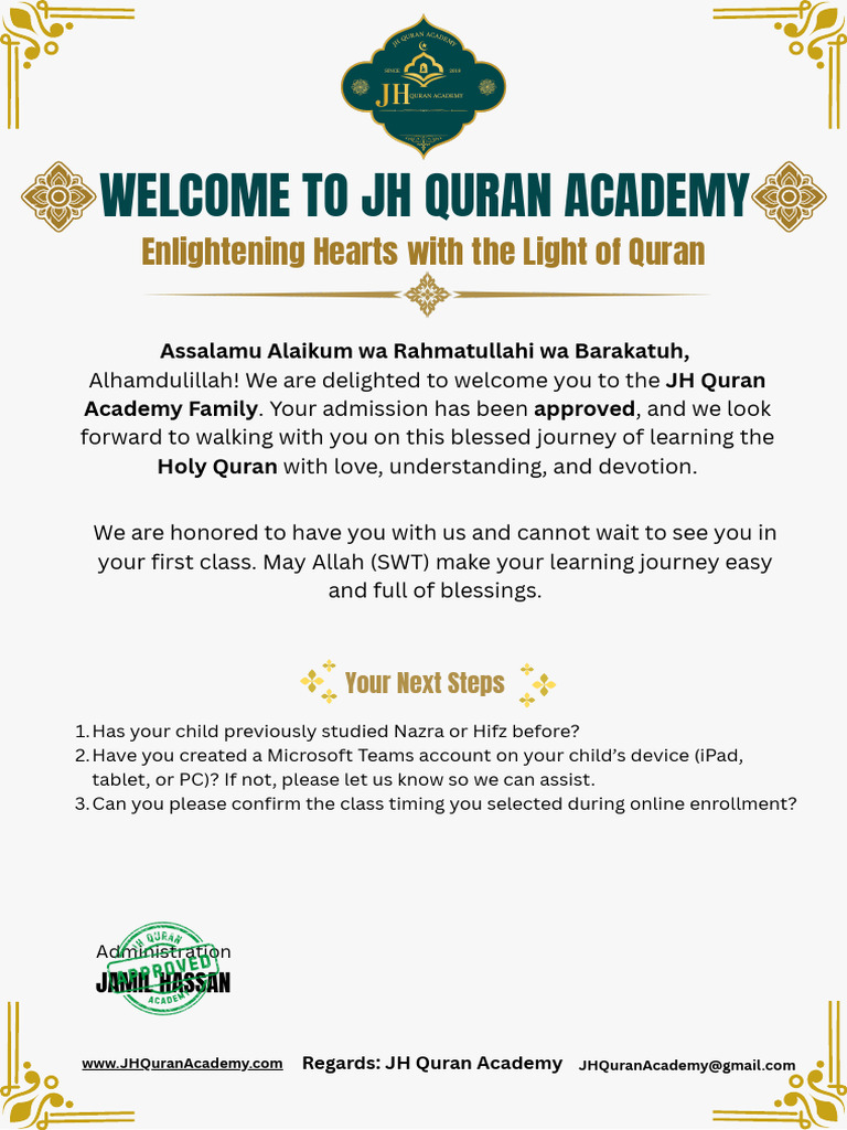 Welcome to JH Quran Academy: Next Steps | PDF