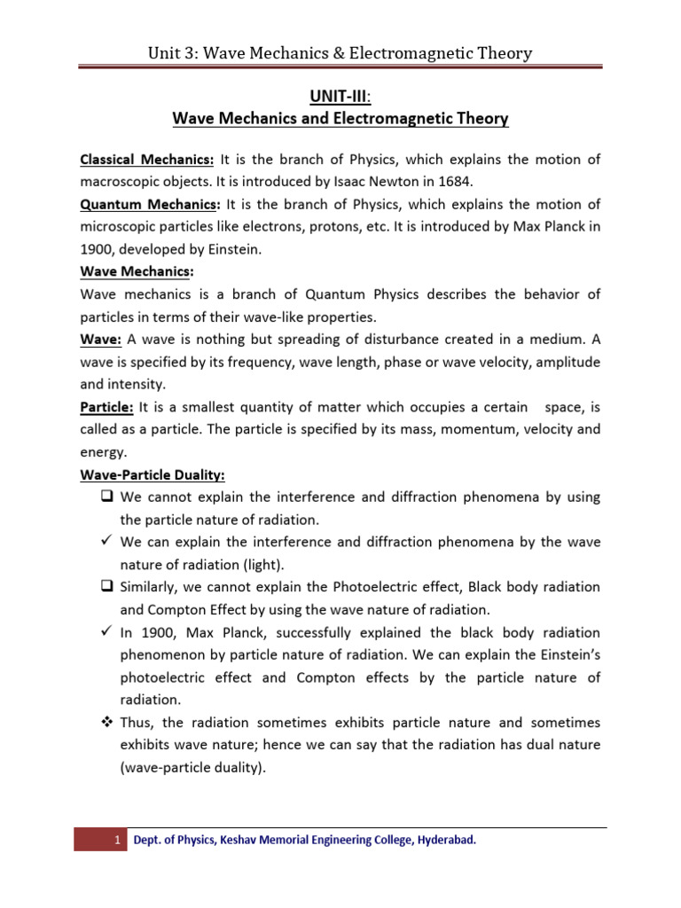 Unit - 4 (Wave Mechanics and Quantum Coputing) | PDF | Waves | Schrödinger Equation
