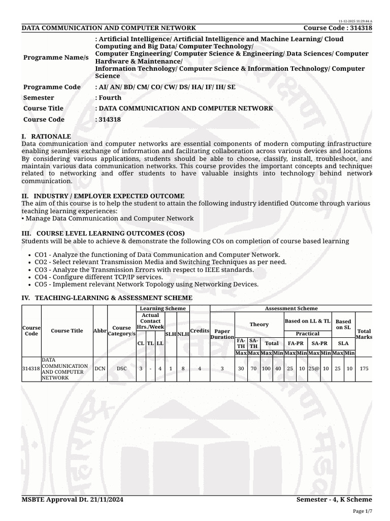 314318-DATA COMMUNICATION AND COMPUTER NETWORK | PDF | Computer Network | Telecommunications