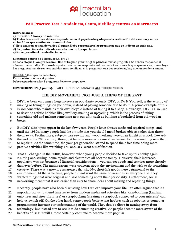 PAU Practice Test 2: DIY and Language Skills | PDF