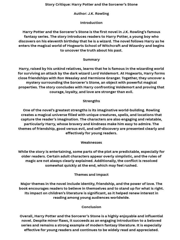 Story Critique Harry Potter and the Sorcerer’s Stone Author J.K ...