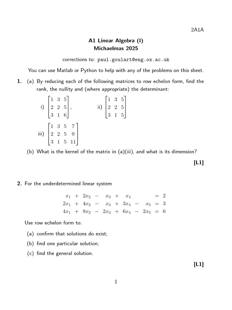 2A1A Linear Algebra (I) Examples | PDF | Matrix (Mathematics) | Matrix ...