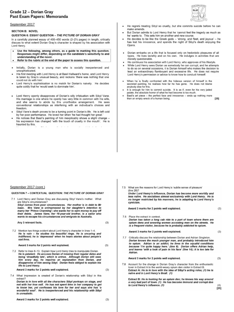 Dorian Gray Question Paper Compilation - Memos | PDF