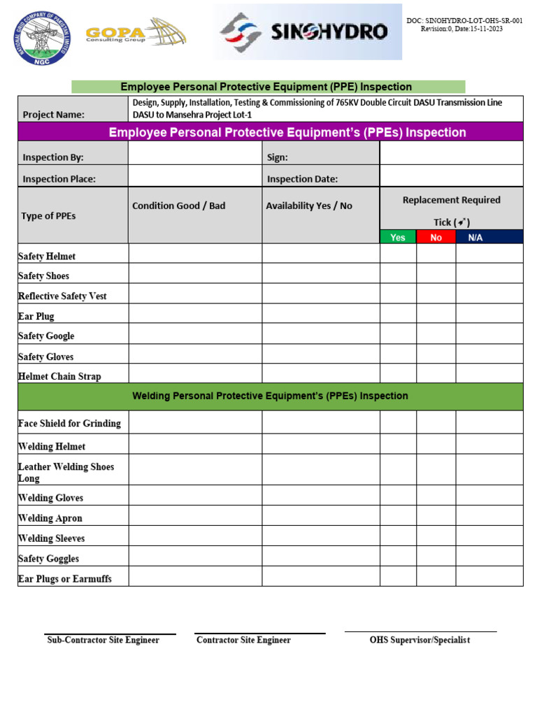 PPE Inspection Checklist for DASU Project | PDF