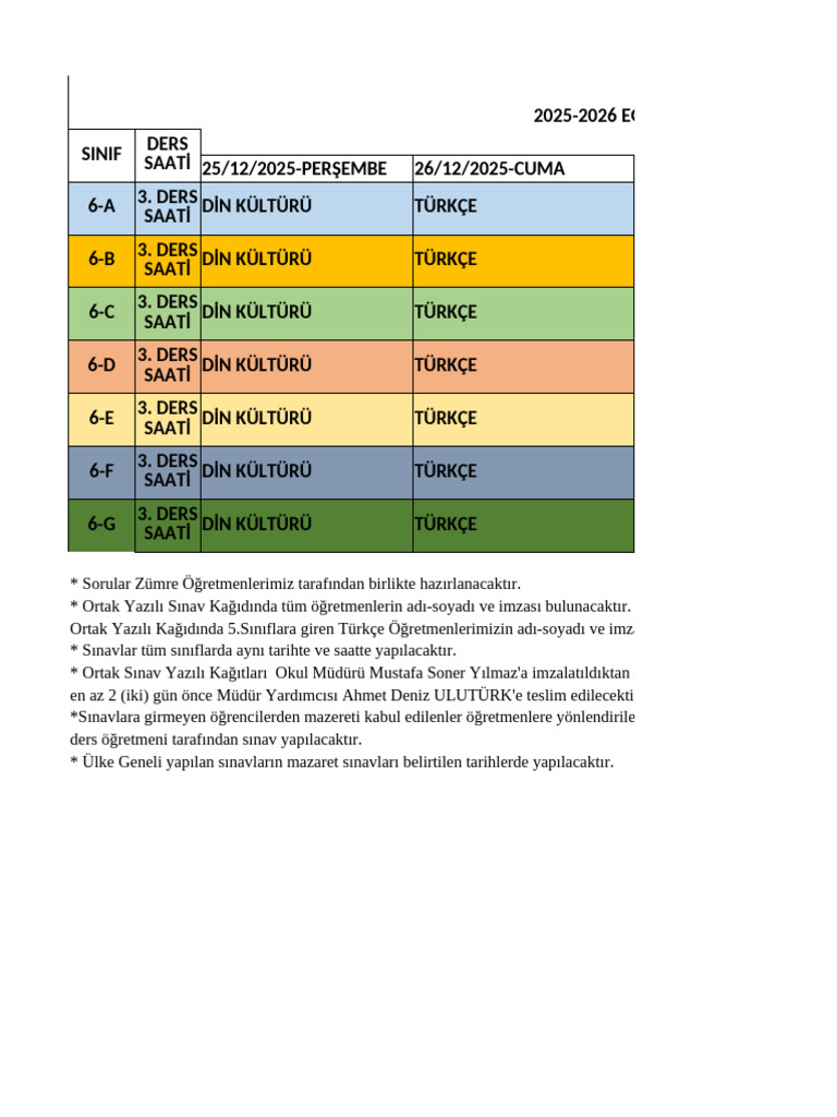 6.Sinif i.dönem II. Yazili Tari̇hleri̇ | PDF