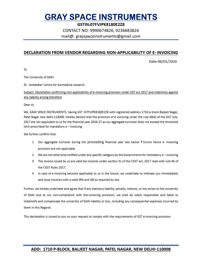 Declaration From Vendor Regarding Non | PDF