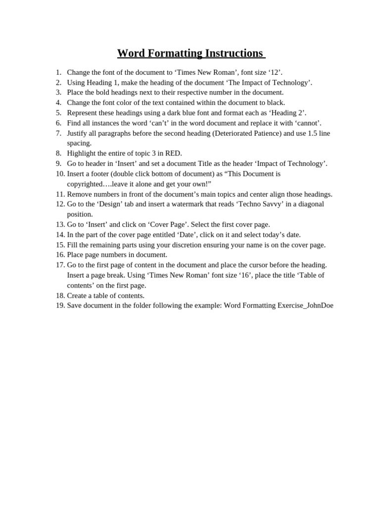 Word Formatting (Instructions) | PDF