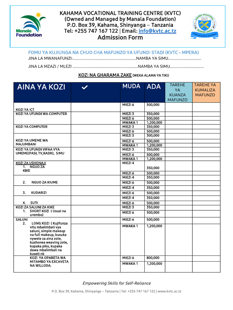 Fomu Ya Kujiunga Na Chuo Cha Mafunzo Kahama | PDF