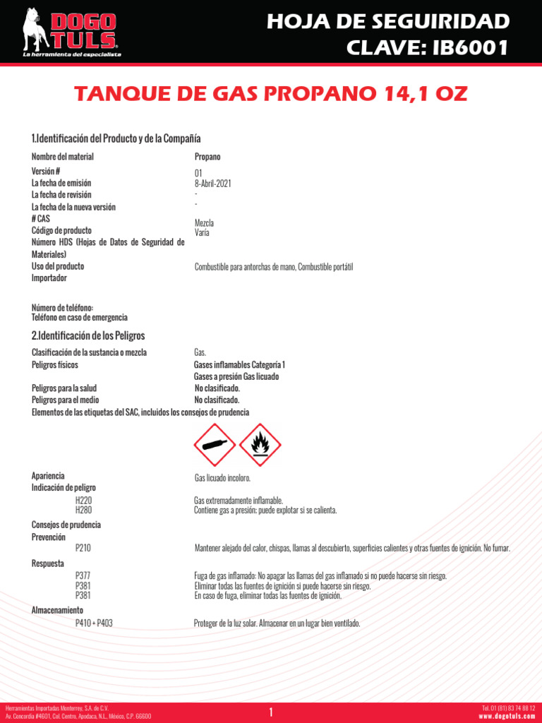 IB6001-HOJA DE SEGURIDAD-C-TANQUE DE GAS PROPANO | PDF | Oxígeno | Gases