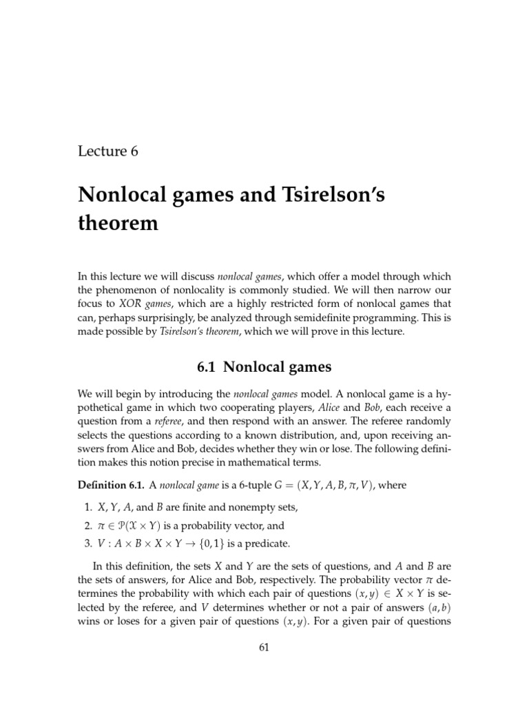 Nonlocal games and Tsirelson’s theorem | PDF | Quantum Mechanics ...