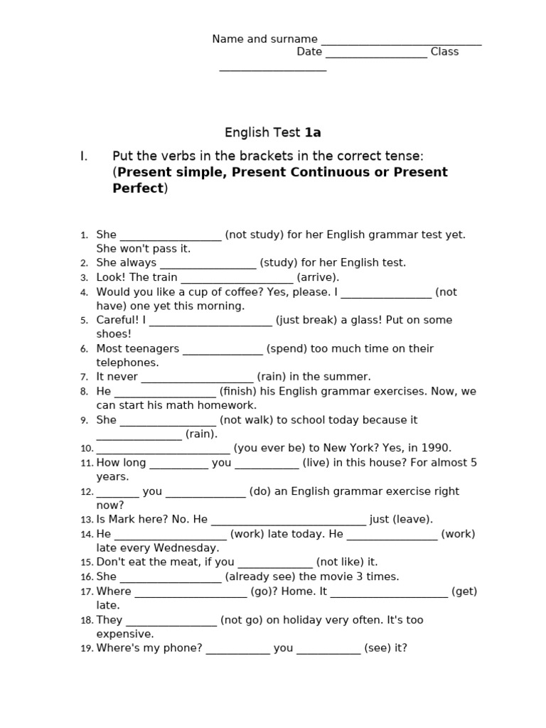 English Test 1a | PDF | English Grammar | Linguistics