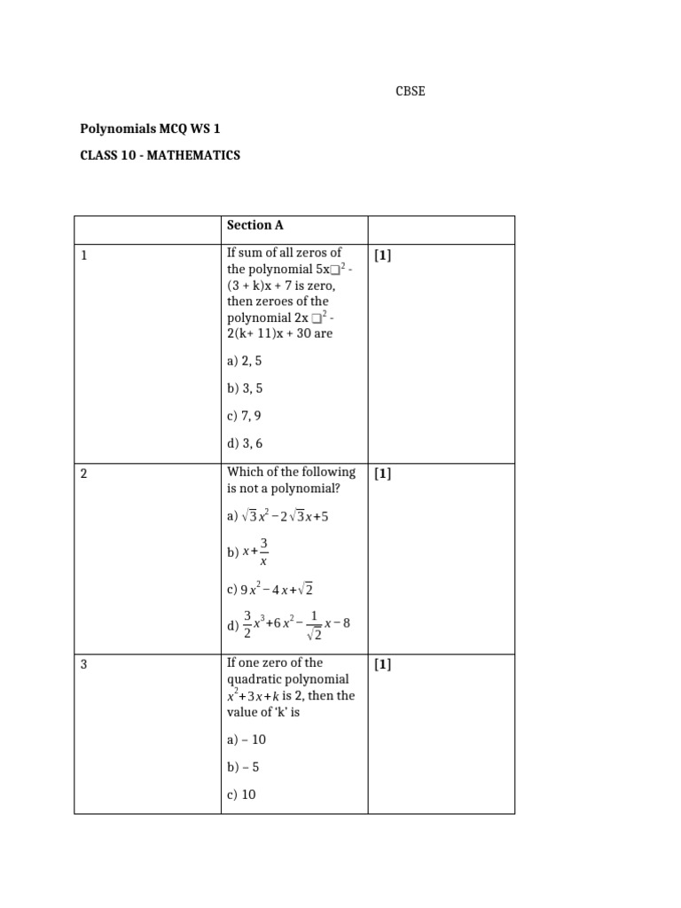 Polynomials WS 1 | PDF | Zero Of A Function | Polynomial