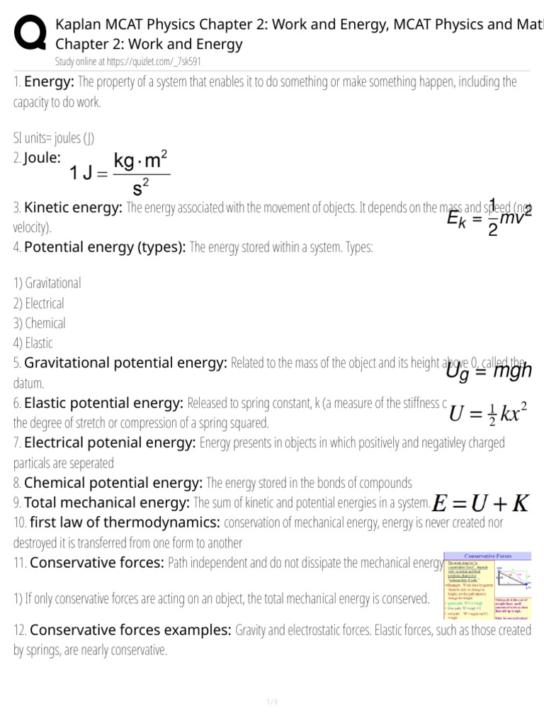 MCAT Physics: Work and Energy Concepts | PDF | Potential Energy | Force