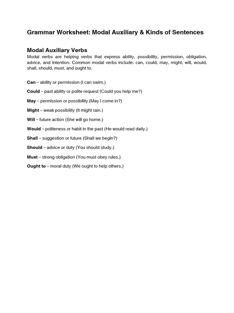 Modal Verbs and Sentence Types Worksheet | PDF | Language Mechanics ...