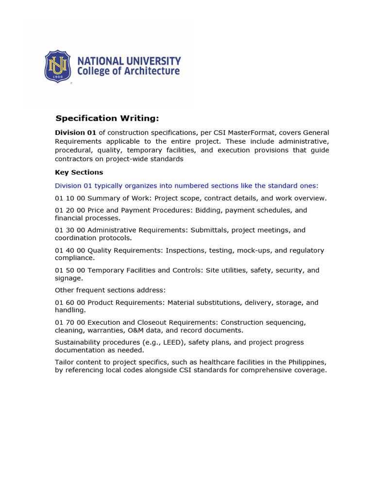 Division 01 Construction Specifications Guide | PDF