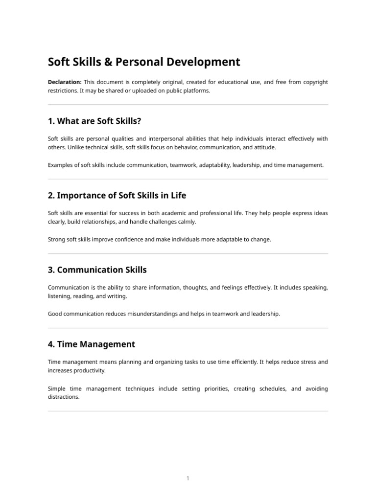Soft Skills & Personal Development Notes (Public Domain) | PDF