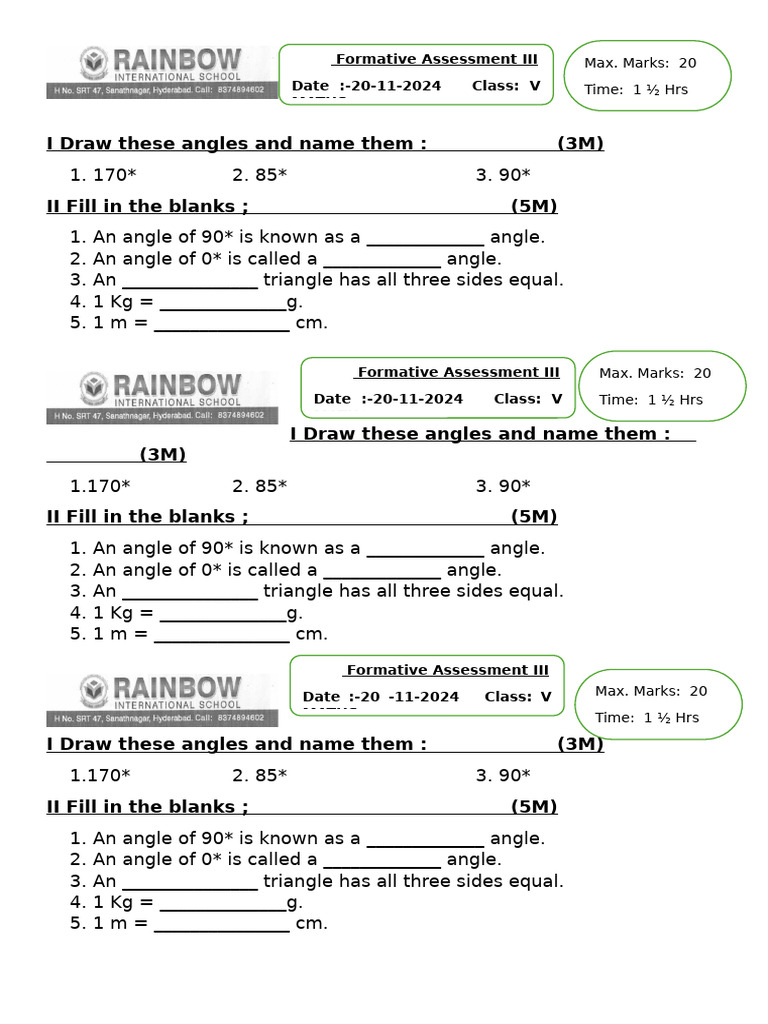 Maths Formative Assessment for Class V | PDF | Euclidean Plane Geometry ...