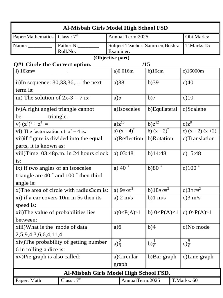 Class 7th Annual Term Math Paper 2025 | PDF | Triangle | Elementary Mathematics