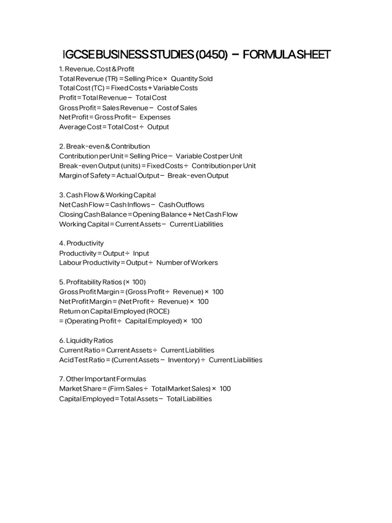 IGCSE Business Studies Formula Sheet | PDF