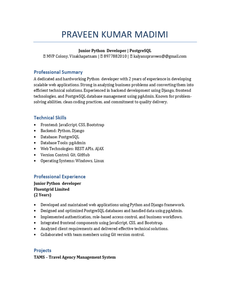 Praveen Python Developer Resume | PDF | Postgre Sql | Databases