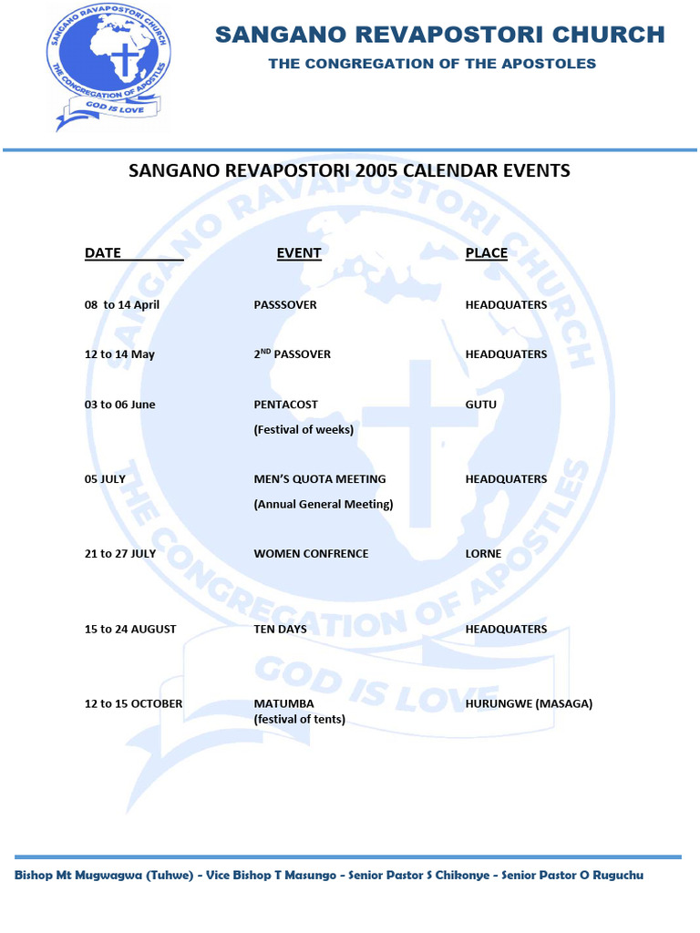 Sangano Revapostori Calendar Events | PDF