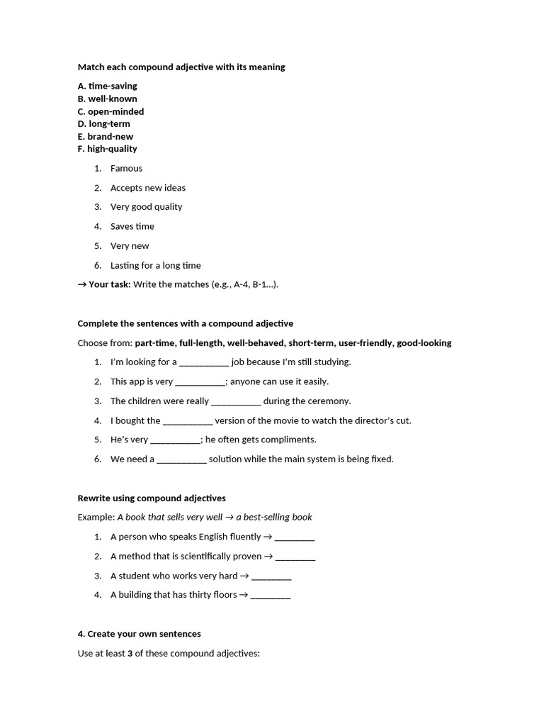 Match Each Compound Adjective With Its Meaning | PDF | Chess Openings ...