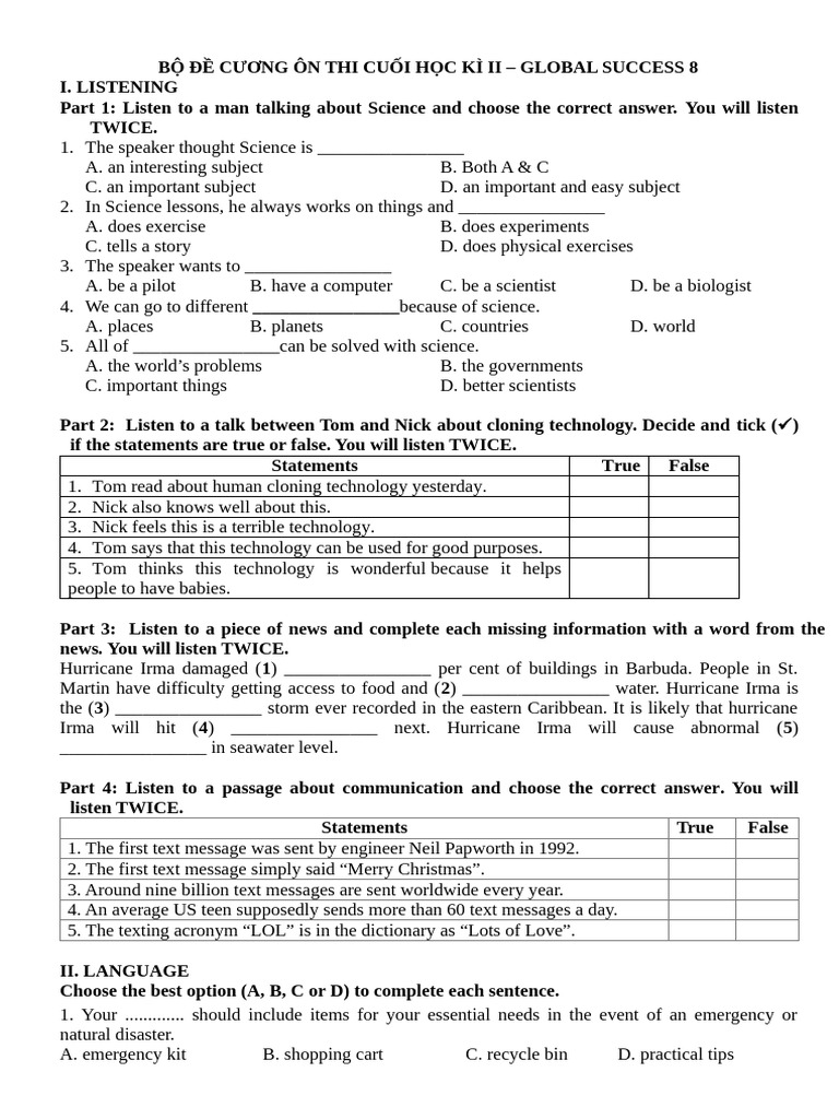 Global Success 8 Exam Review Guide | PDF | Tornadoes | Cost Of Living