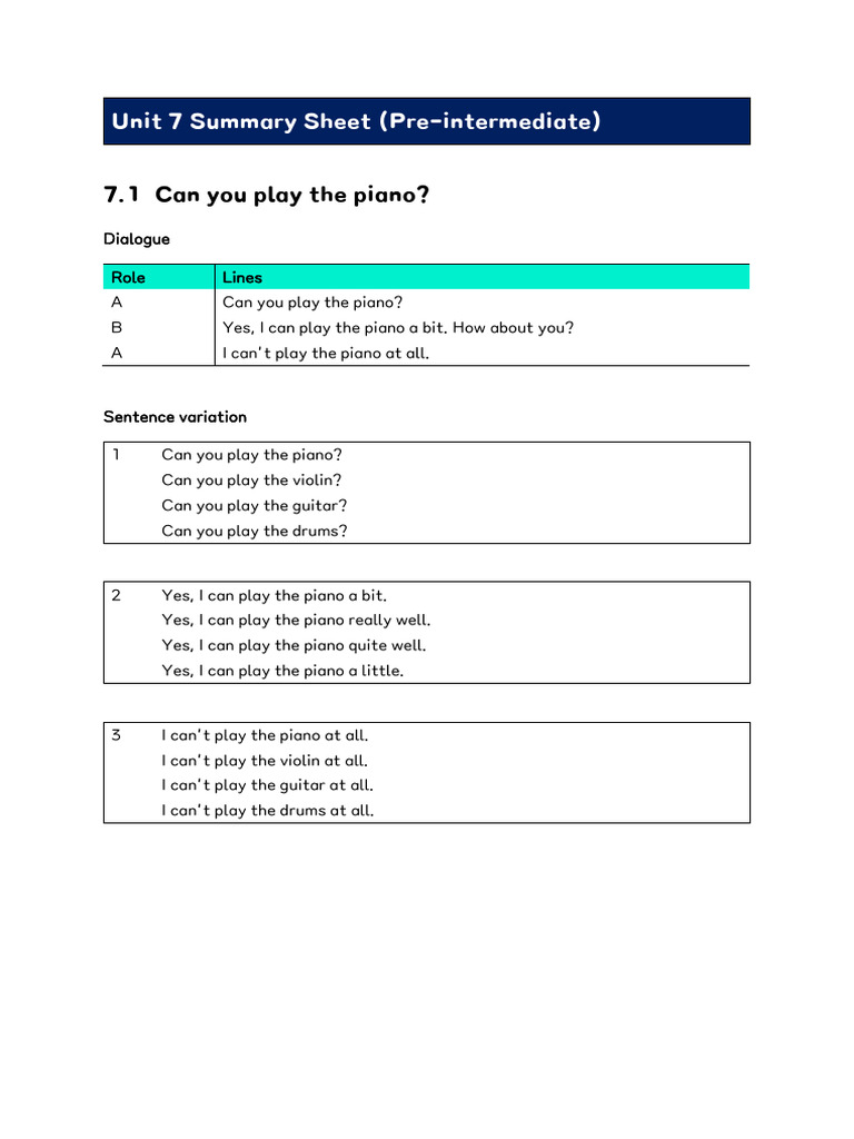 5.1 Unit 7 Summary Sheet (Pre-Int) | PDF