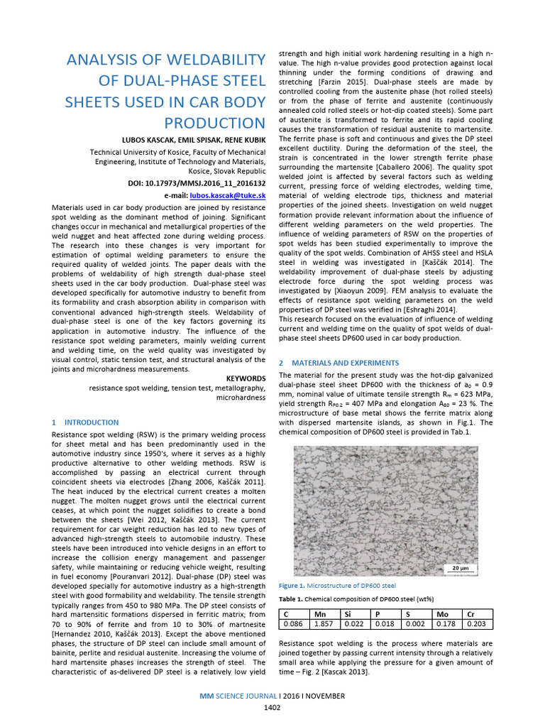 Mmscience 2016 11 Analysis of Weldability of Dual Phase Steel Sheets ...