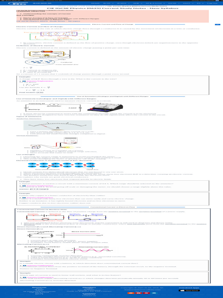 CIE IGCSE Physics (0625) Current Study Notes | PDF | Electric Current ...