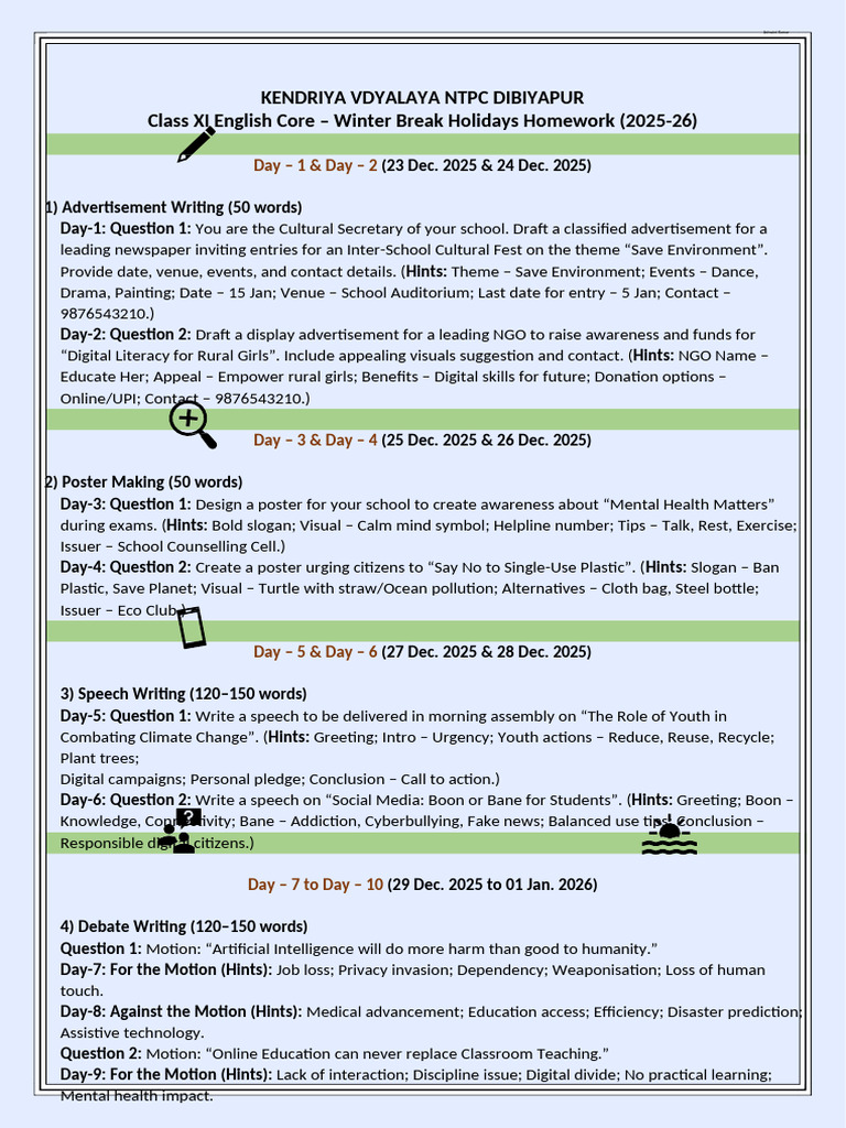 Class XI English Holiday Homework Guide | PDF