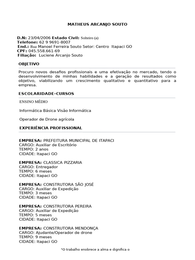 Currículo de Matheus Arcanjo Souto | PDF