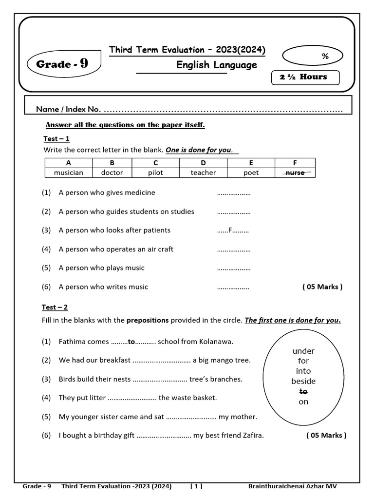 Grade 9 English Evaluation 2023-2024 | PDF | Grammar | Syntax