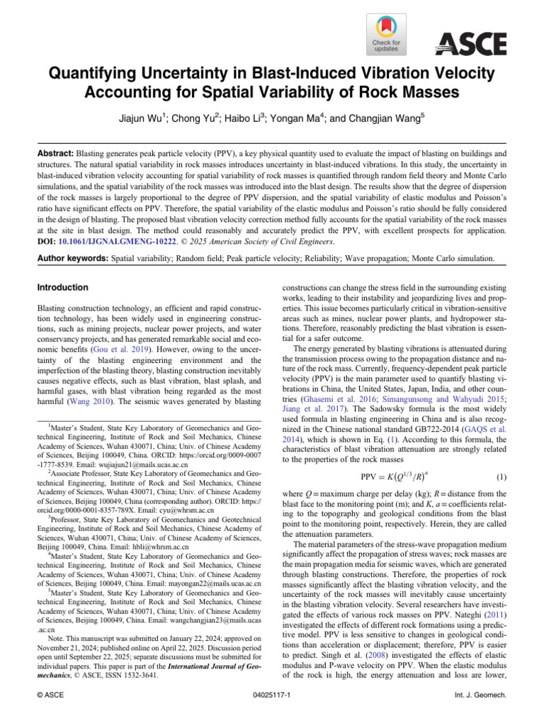 Wu Et Al Quantifying Uncertainty in Blast Induced Vibration Velocity Accounting for Spatial ...